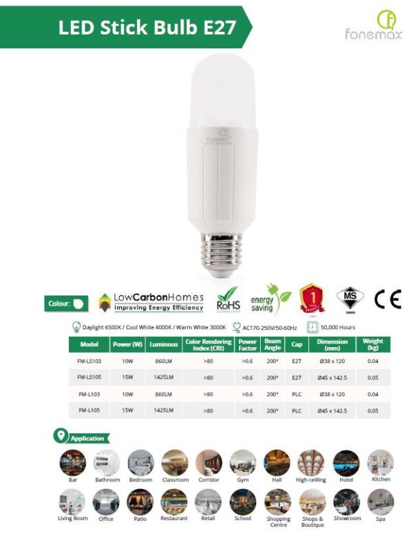 Fonemax LED Stick Bulb G24d (PLC) or E27 10W / 15W - Glow & Sparkle Sdn Bhd
